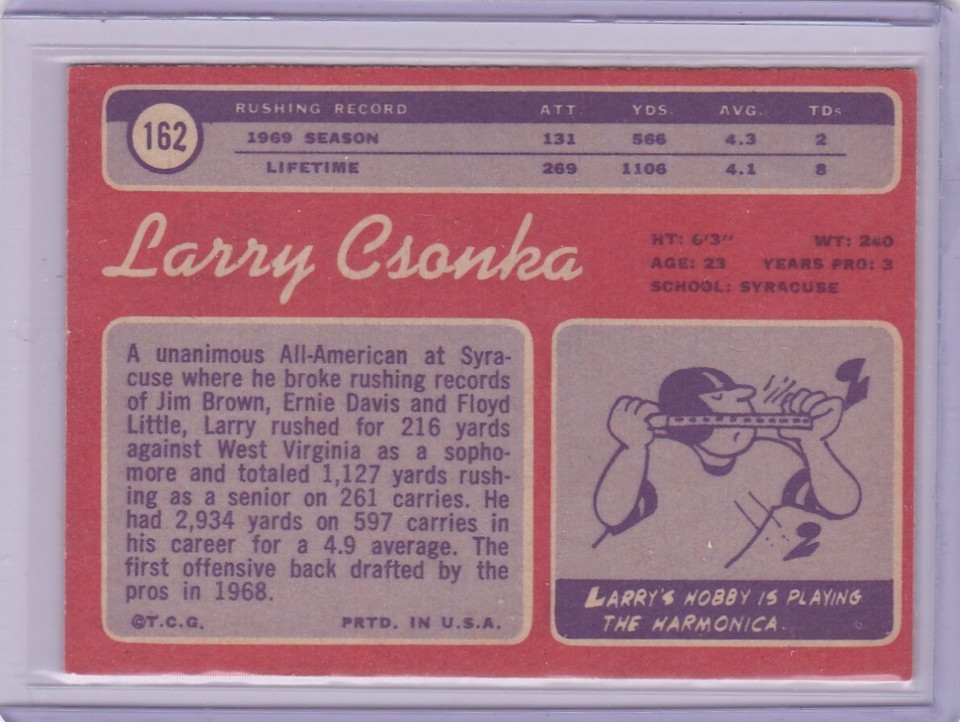 1970 Topps Larry Csonka #162, Miami Dolphins, clean, Near Mint, Sharp ...