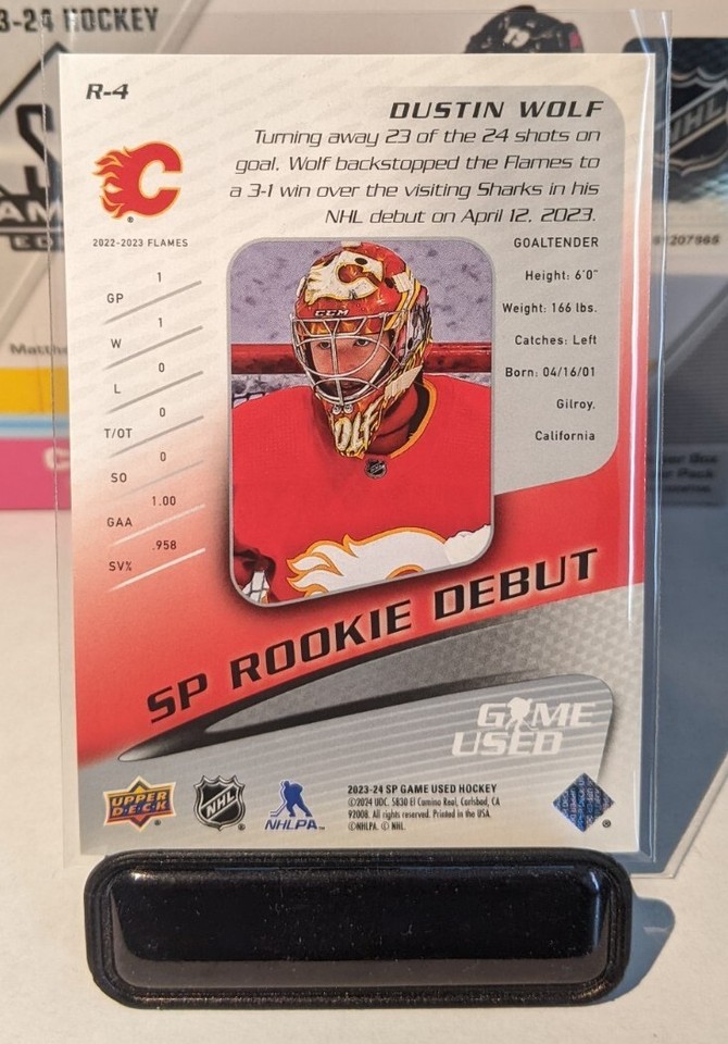 Dustin Wolf 2023-24 Upper Deck SP Game Used Rookie Debut #R-4 Calgary ...