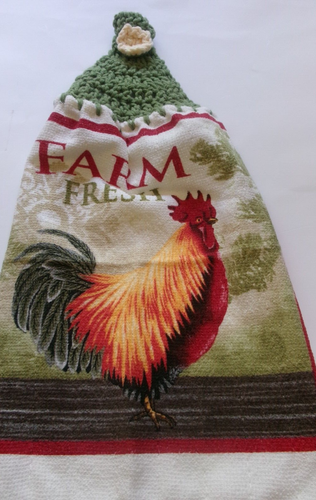 GREEN Cotton Yarn Crochet Top FARM FRESH ROOSTER Print Scrub back ...