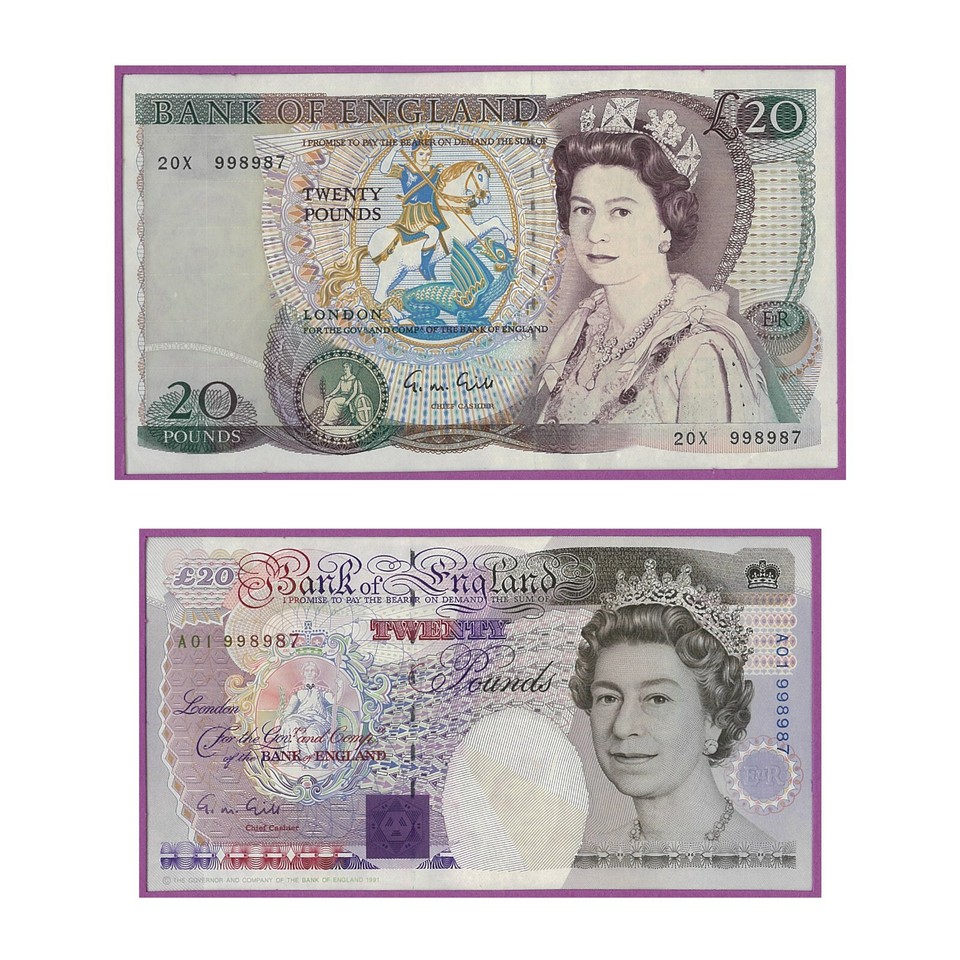 UK Pair of 20 Pounds Banknotes First & Last Prefix W/ Matching Numbers ...