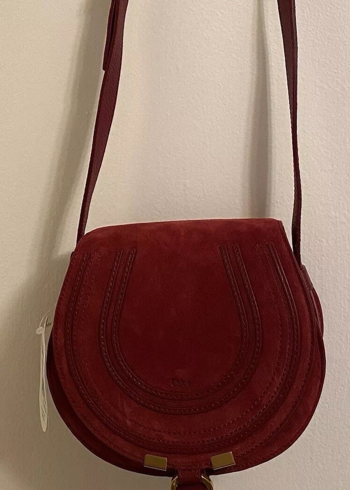 New CHLOE Marcie Cross-body Shoulder bag,SPAIN,Wine Dark Ruby Suede ...