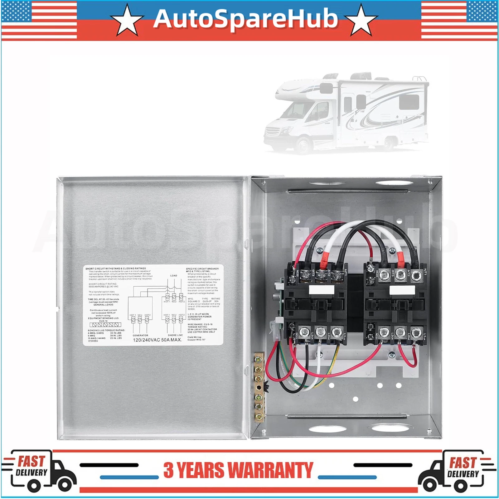 PD52 50 AMP Automatic Transfer Switch for RV, Speedboats 120/240 VAC ...