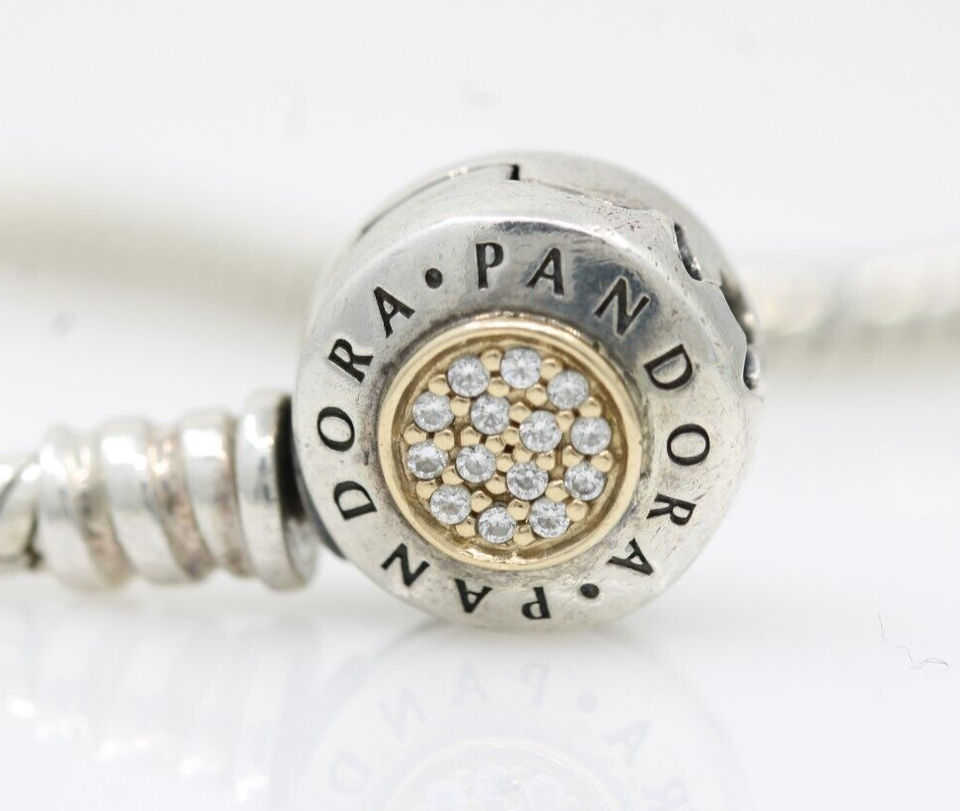 Pandora Logo Sterling Silver & Gold Pavé Clasp Snake Chain Bracelet ...
