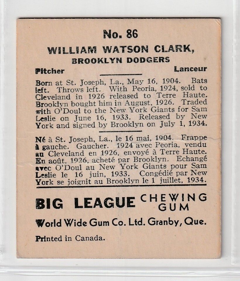 1936 World Wide Gum Baseball v355 #86 William Watson Clark Brooklyn ...