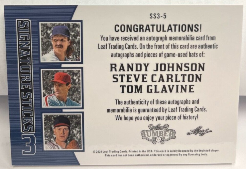 Randy Johnson/Steve Carlton/Tom Glavine Leaf Lumber EMERALD Autograph ...