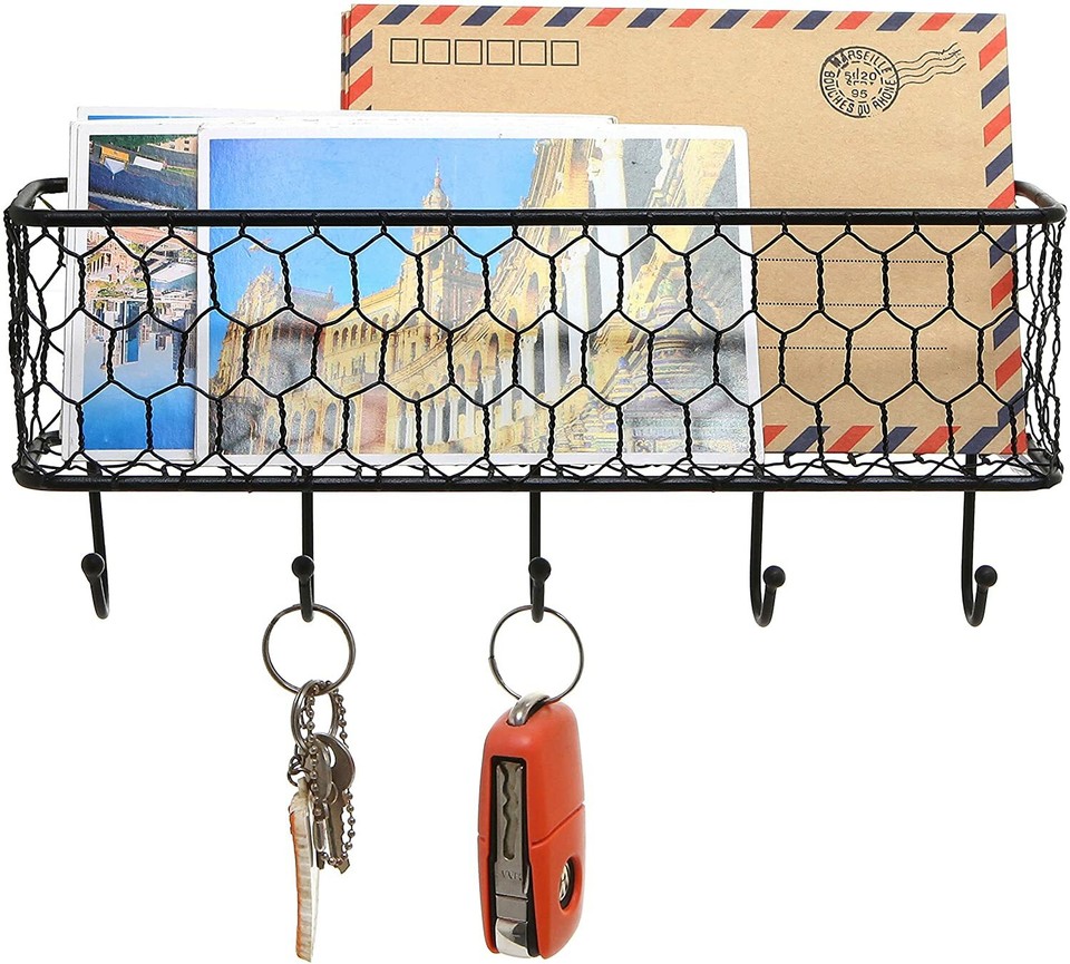 Metal Wall Mounted Key and Mail Sorter Storage Rack w/Chicken Wire Mesh ...