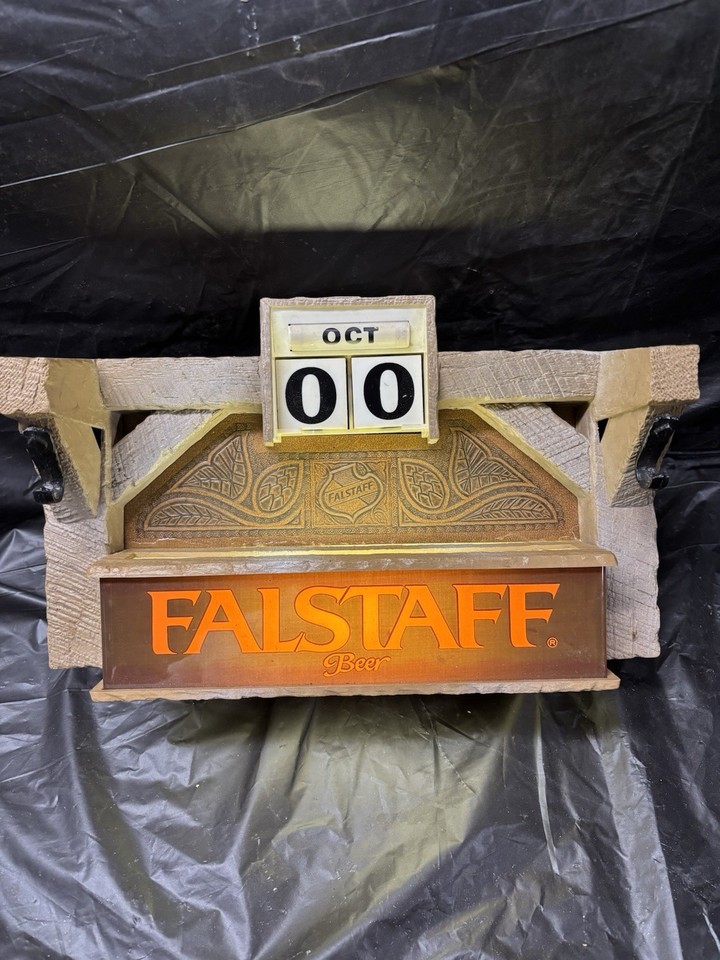 VTG Falstaff Beer Lighted Bar Sign Scroll Month Calendar Adv Shelf Cash ...