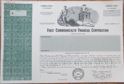 First Commonwealth Financial Corporation 1993 Specimen Stock ...