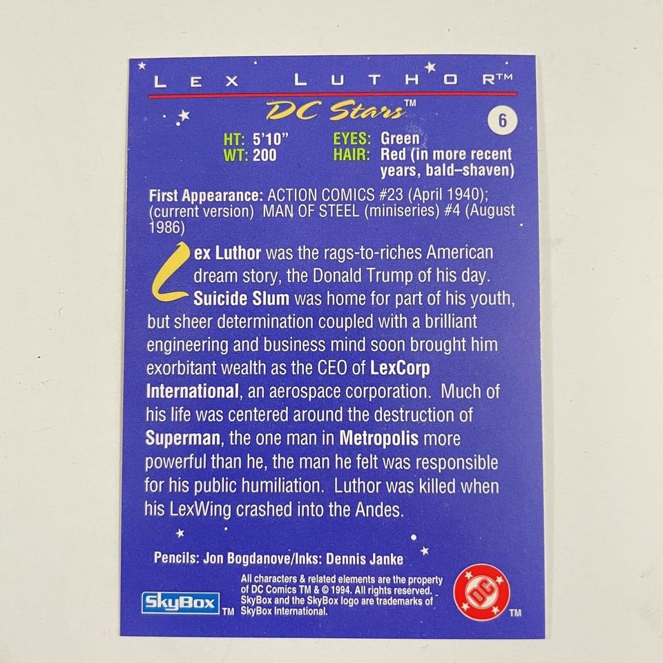 1994 SkyBox DC Stars Lex Luthor #6 Comic Superhero Collectible Trading ...