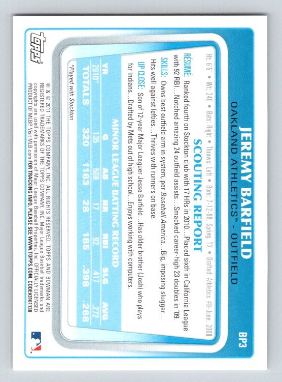 2011 Bowman-Prospects #BP3 Jeremy Barfield FREE SHIPPING! | eBay
