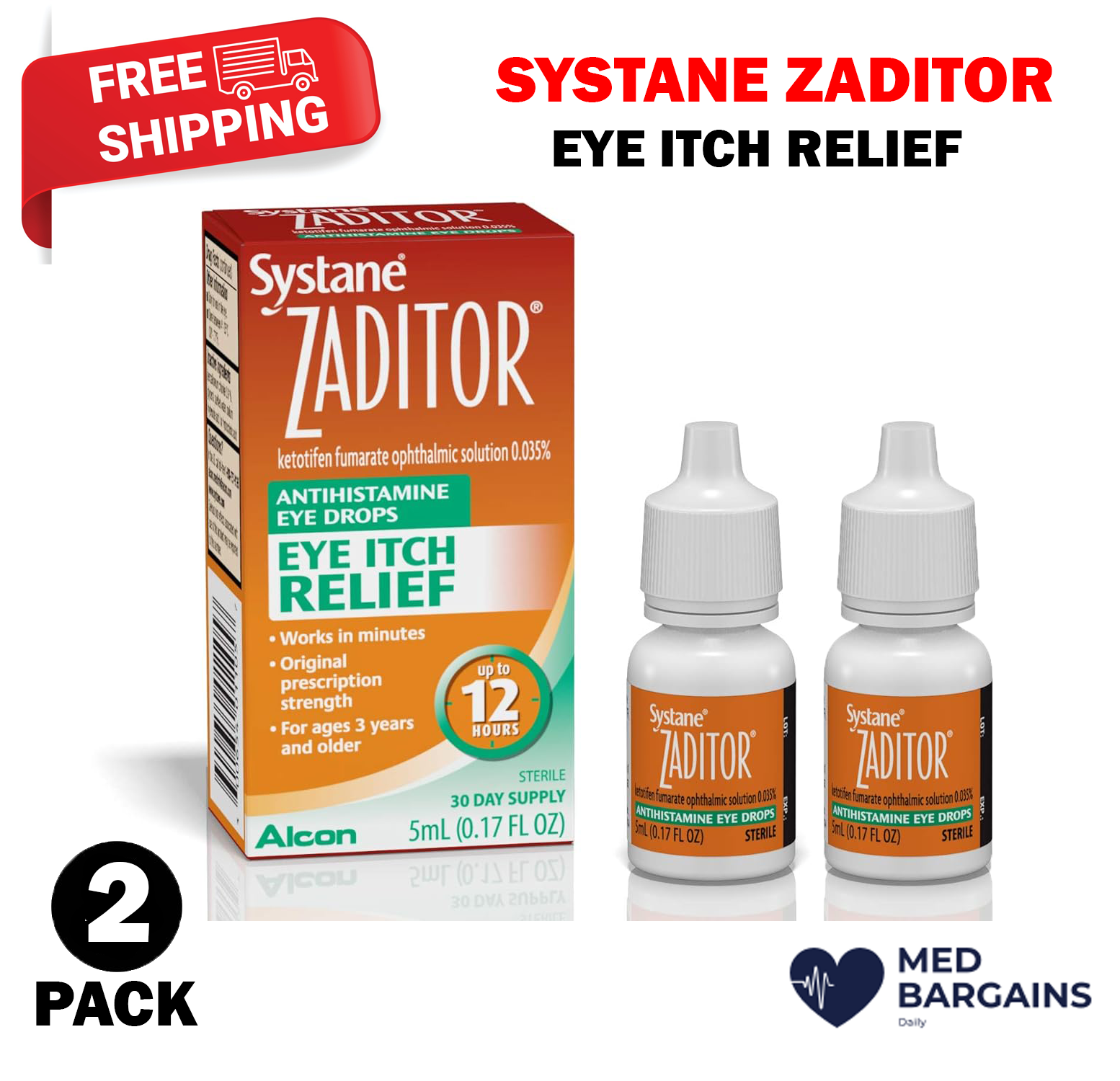 Systane ZADITOR Antihistamine Eye Drops 5mL Eye Itch Relief - 2 Pack ...