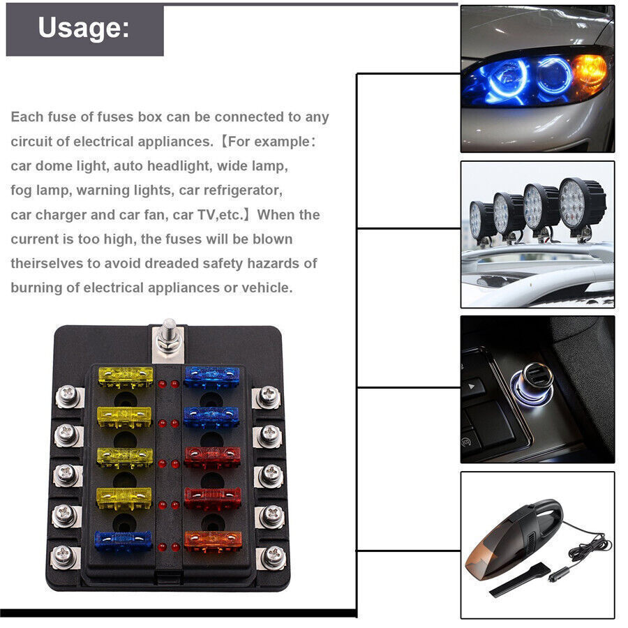 10-Way Fuse Box Blade Fuse Holder 5A 10A 15A 20A Fuses LED Indicator ...