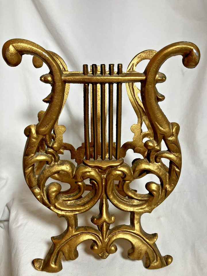 Heavy Cast Metal Lyre Harp Music Magazine Gold Tone Rack Hollywood ...