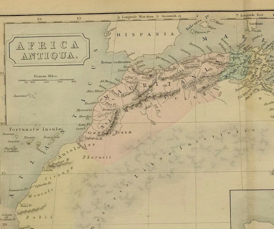 1868 HAND COLOURED ANCIENT MAP AFRICA ROMA CARTHAGO MAURITANIA ITALIA ...