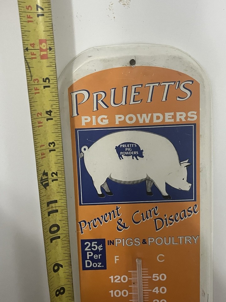 16" Pruett’s Pig Powders Thermometer Metal Taylor Tin Sign Works ...