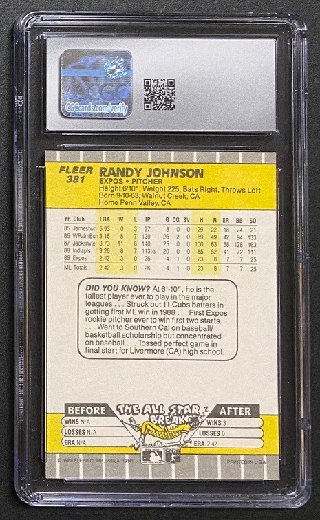 1989 FLEER ERROR CARD RANDY JOHNSON ROOKIE-- CGC 9 MINT -- SCOREBOARD ...
