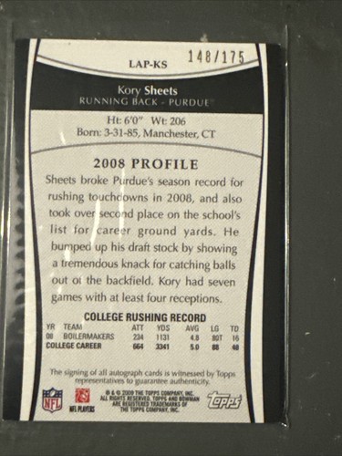 2009 Bowman Draft Picks College Letter /175 Kory Sheets RPA Rookie ...