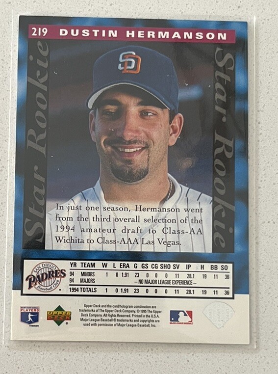 1995 Upper Deck #219 Dustin Hermanson Auto Autograph Signed San Diego ...