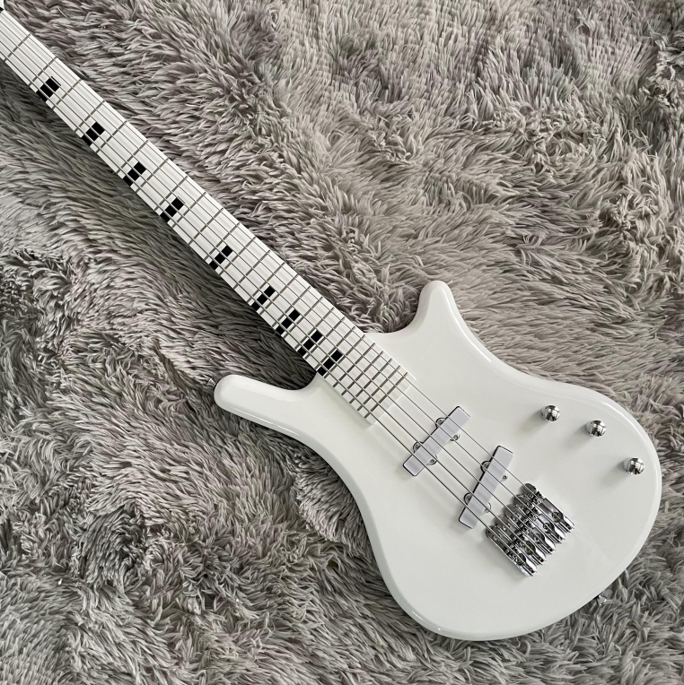 custom electric guitar bass 5-strings white square inlay chrome ...