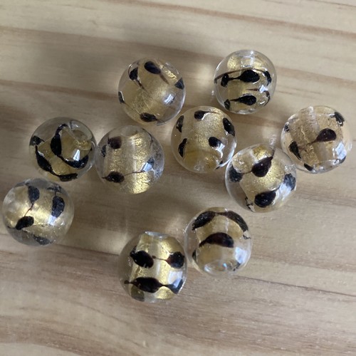 10 GOLD BLACK SPOT FOIL ROUND LAMP WORK Glass Beads 14mm - DIY JEWELRY ...