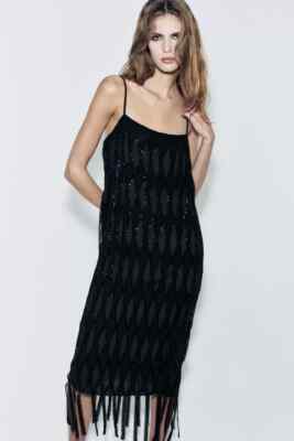 ZARA Dress S Black Midi Sequined Beaded Fringe Cocktail Party Slip LBD ...