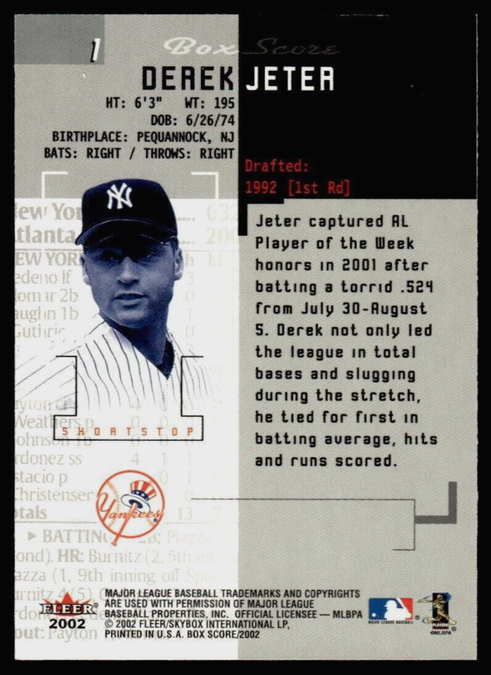 Derek Jeter 2002 Fleer Box Score #1 | eBay