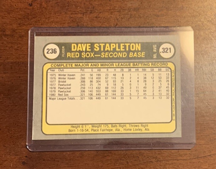 1981 Fleer Dave Stapleton #236 Rookie RC | eBay