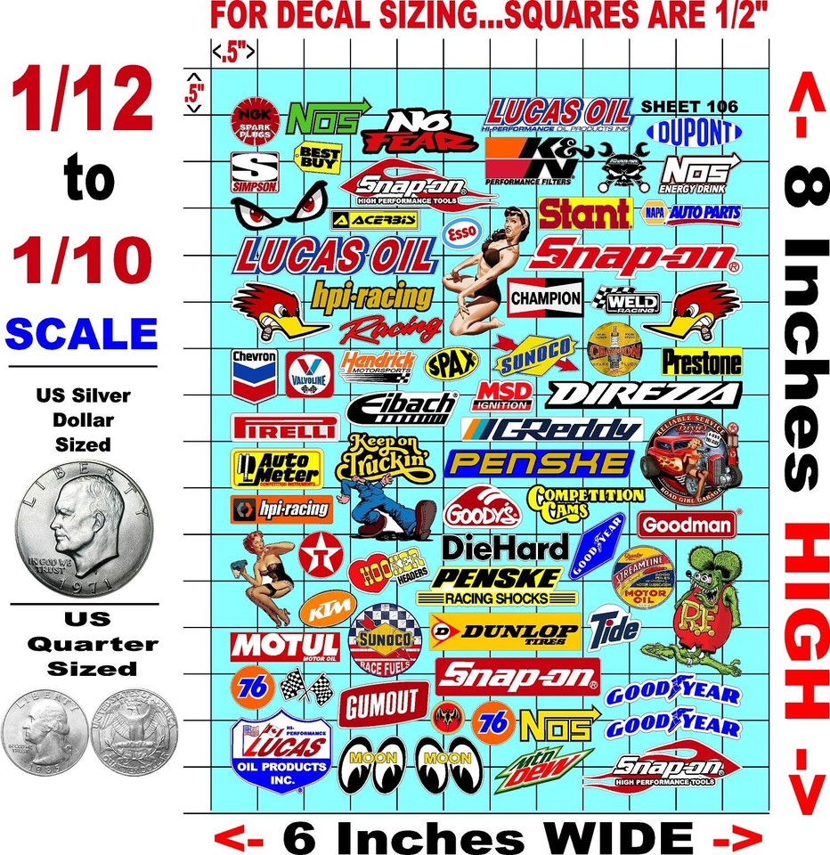 WHITE VINYL RACING Sticker Sheet 106 Variety-R/C MODEL Die-cut -Decals ...