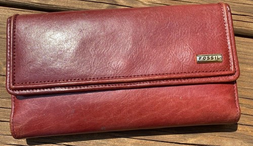 Fossil Leather Tri-Fold Wallet Womens Red Checkbook Clutch Change ...