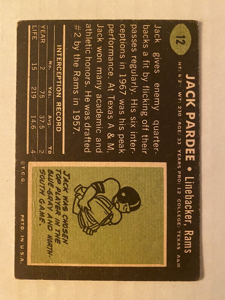 1969 Topps Jack Pardee #12 - Los Angeles Rams | eBay