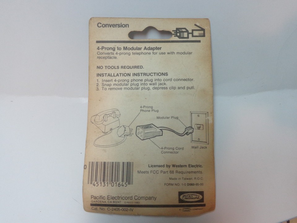 VINTAGE PACIFIC MODULAR TELEPHONE ACCESSORY 4 PRONG CONVERTER/ADAPTER ...