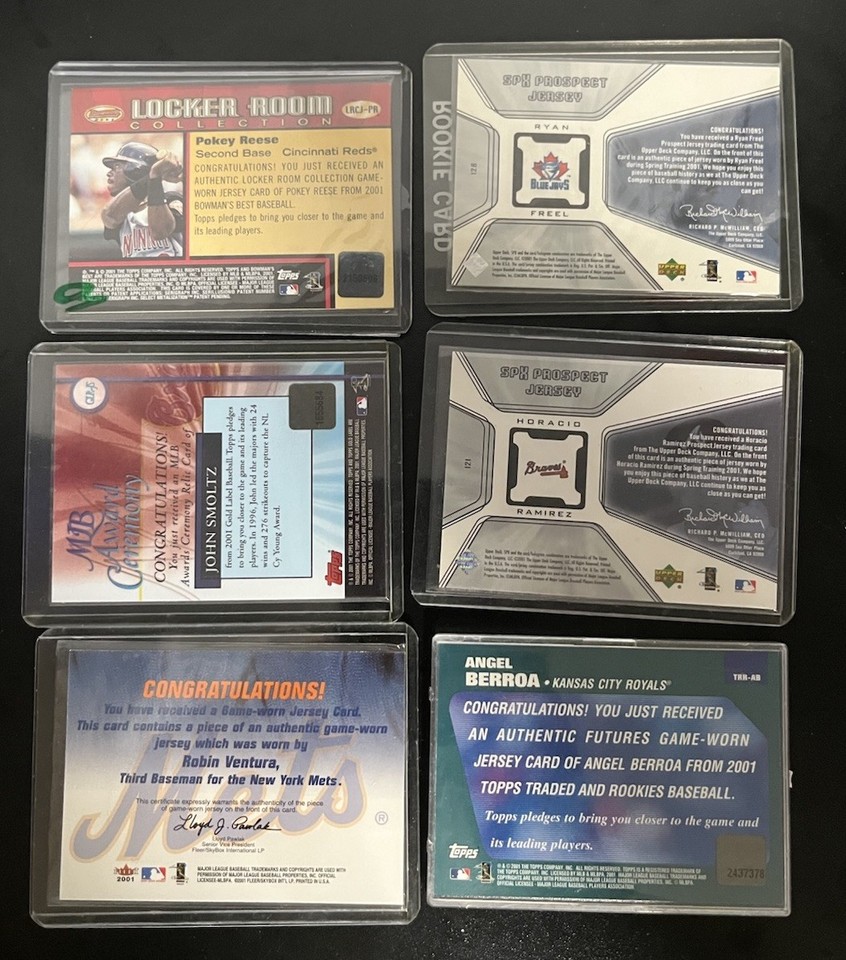 6 MLB Game Used Jersey Relic Card Lot Pokey Reese John Smoltz SPx Fleer ...