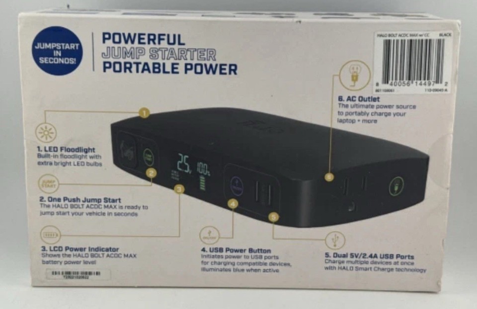Halo Bolt ACDC Max Portable Jump Starter Power Bank Charger Outlet | eBay