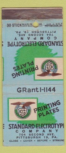 Matchbook Cover - Standard Electrotype Printing Pittsburgh PA MISCUT 30 ...