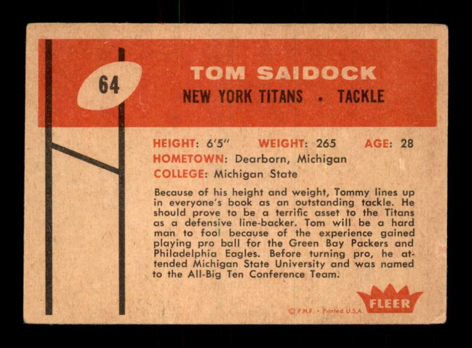 1960 Fleer #64 Tom Saidock RC VG/VGEX X2760374 | eBay
