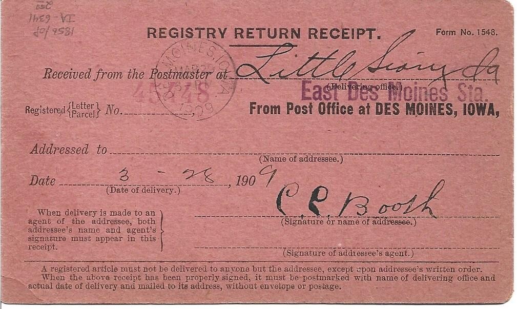 1909 Registry Return Receipt Card Little Sioux Iowa DPO To Dept Of 1909-registry-return-receipt-card-little-sioux-iowa-dpo-to-dept-of