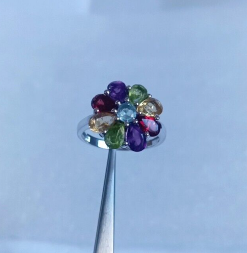 Natural Multi Gemstone Cluster Flower Ring 925 Sterling Silver Handmade ...