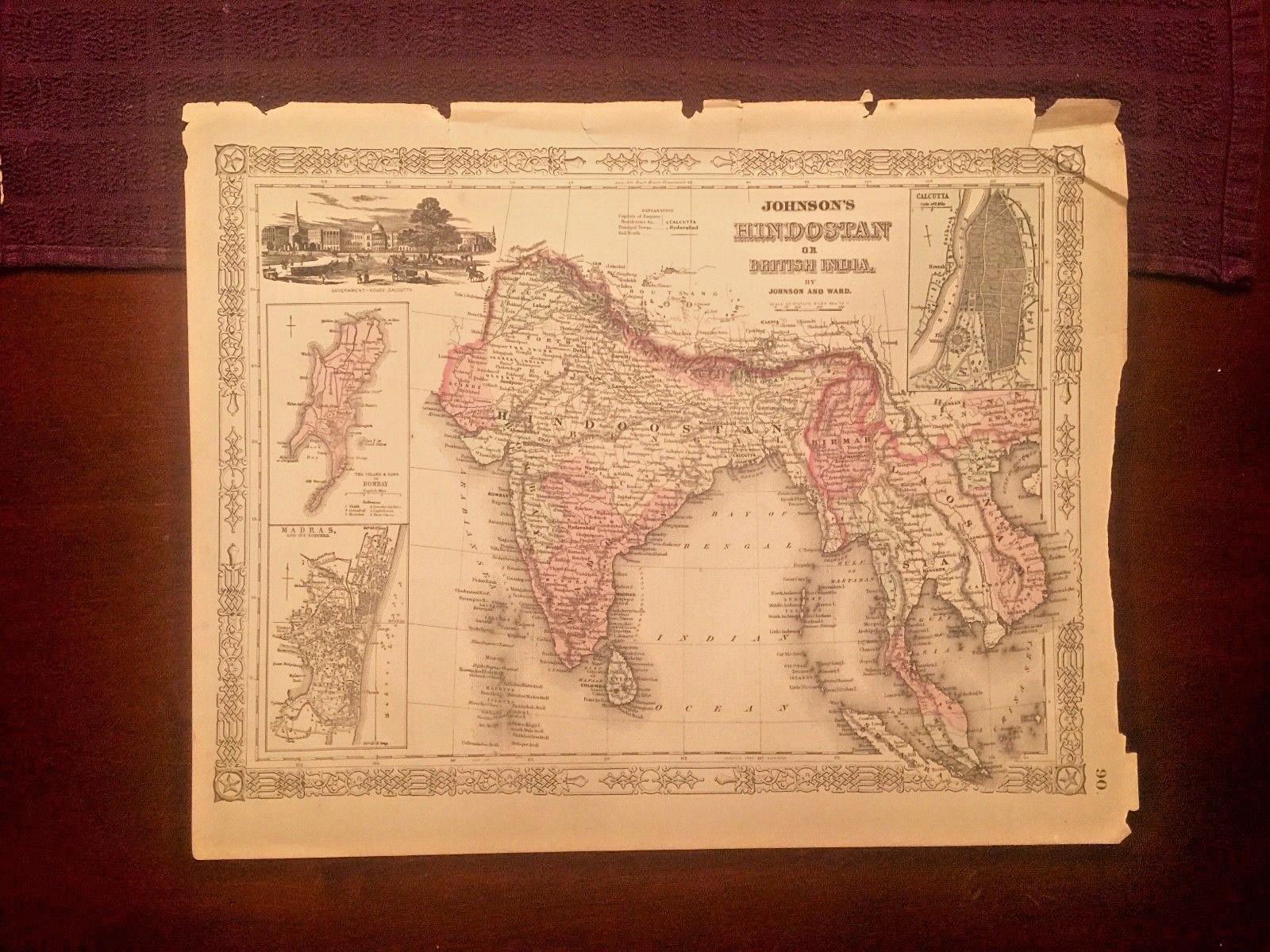 1863 Johnson & Ward Hand Colored Atlas Map of HINDOSTAN or BRITISH ...