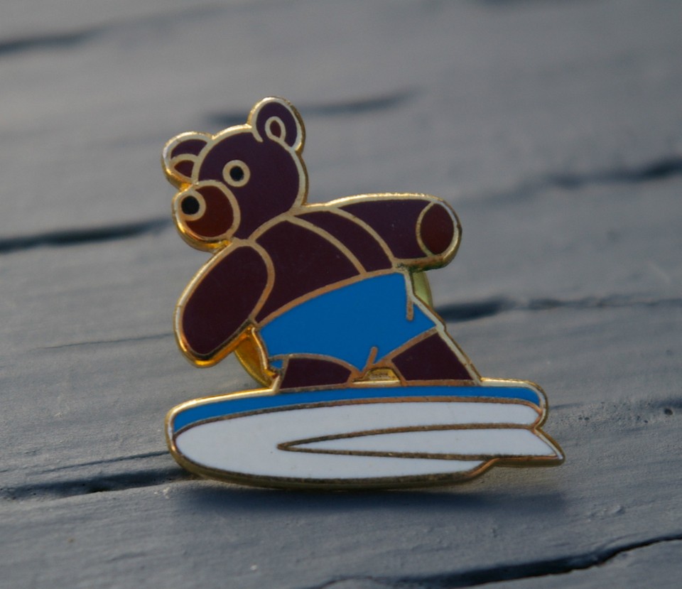 Surfing Surf Brown Teddy Bear Blue Swim Shorts Trunks Metal Enamel Pin ...