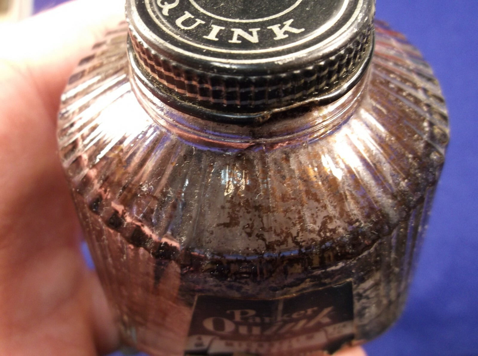 #9 of 24, EMPTY VTG FOUNTAIN PEN INK BOTTLE - "PARKER QUINK, MICROFILM ...