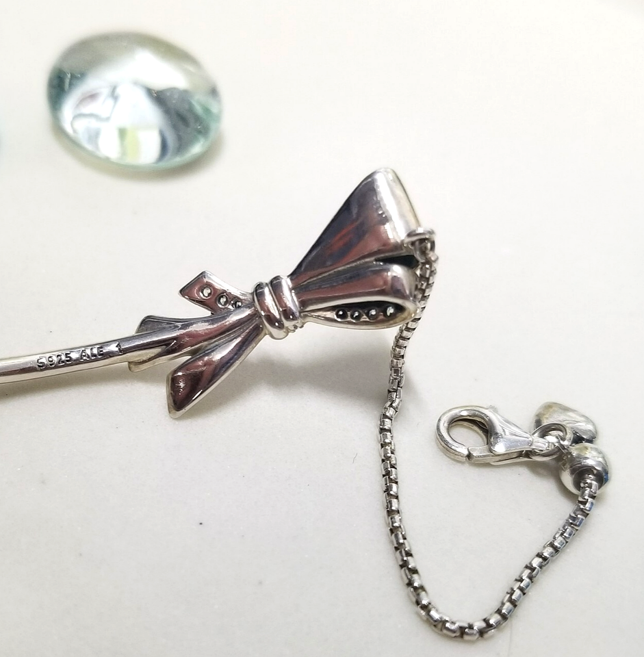 Authentic Pandora Sterling Silver Brilliant Bow Bangle Bolo Bracelet CZ ...