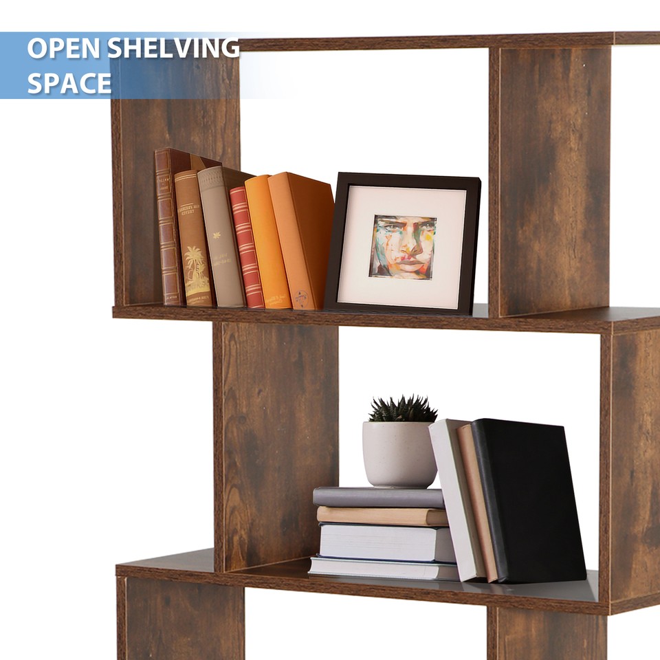 2×5-Tier Bookshelf Wood Geometric Bookcase Freestanding S-Shaped ...