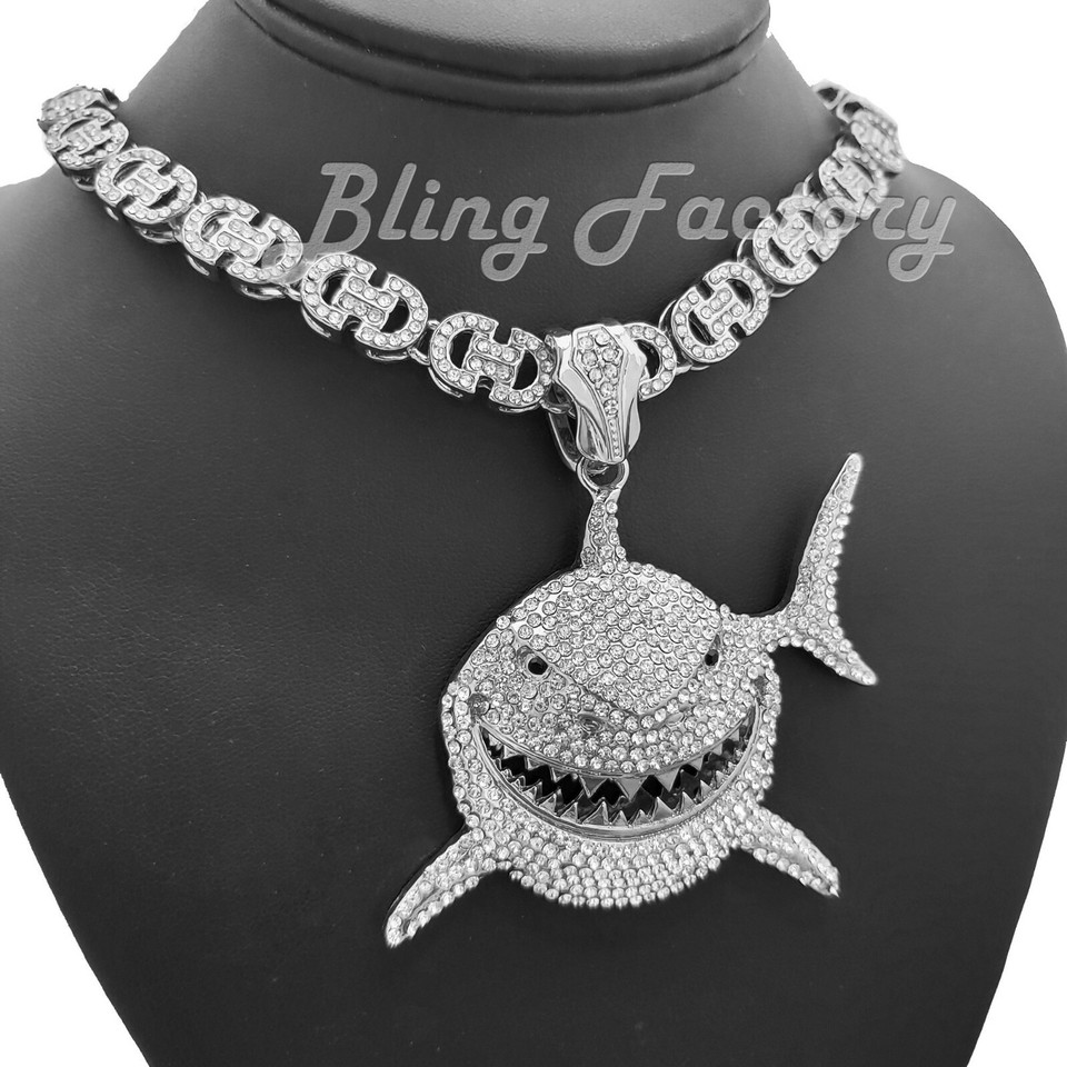 6ix9ine Iced Silver PT Shark Large Pendant & 18" Byzantine Choker Chain ...