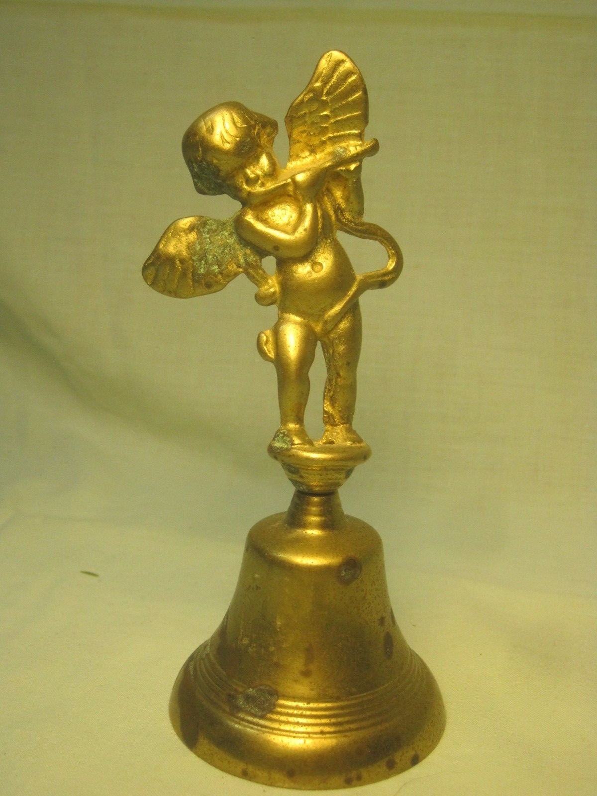 vintage solid brass angle figural cherub bell ring ding 5 3/4" dinger ...