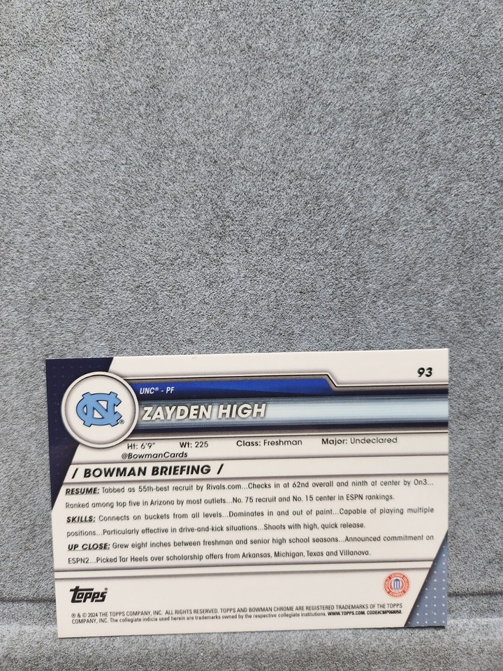 Zayden High 2023-24 Bowman U Chrome 1st Base UNC Tar Heels | eBay
