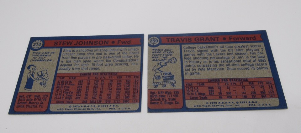 San Diego Conquistadors 1973-74 ABA TOPPS Travis Grant Stew Johnson LOT of 2 | eBay