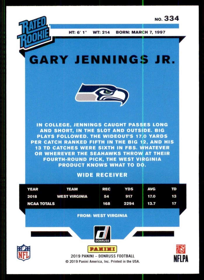 2019 Donruss Rated Rookie Gary jennings Jr. Seattle Seahawks #334 | eBay
