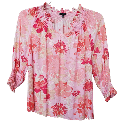 Talbots Petite Viscose Ruffle Neck Smocked Cuff Split Neck Popover Size MP | eBay