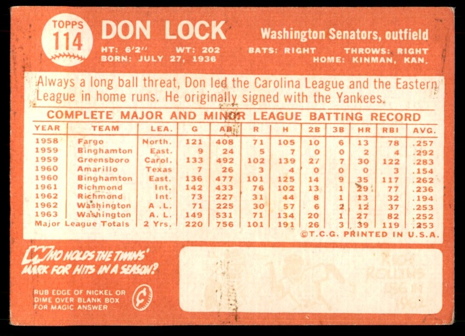 1964 Topps Don Lock Baseball Card Washington Senators #114 A | eBay