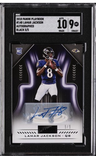 2018 PANINI PLAYBOOK AUTO BLACK #148 LAMAR JACKSON ROOKIE RC 5/5 SGC 9 ...